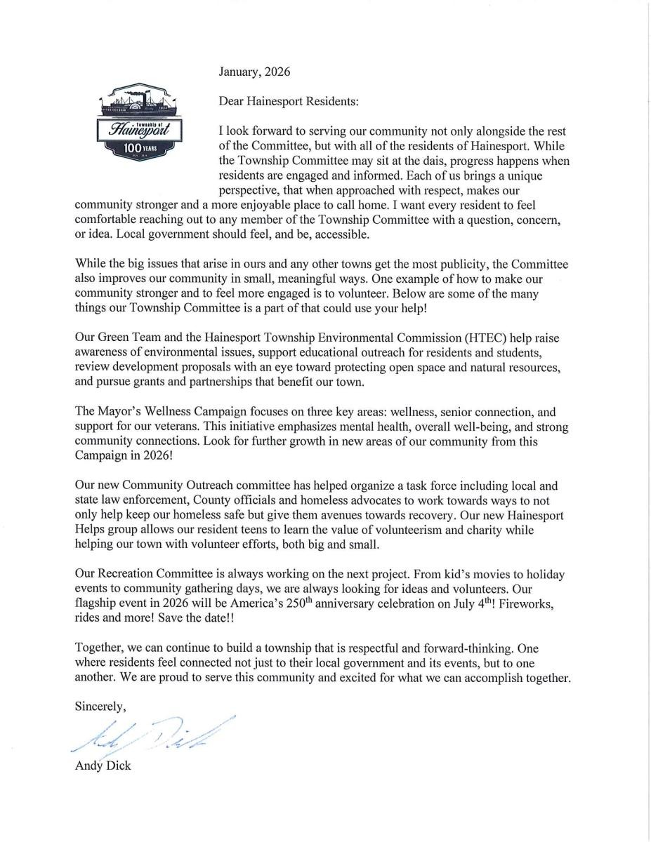 Mayor's Letter to Residents | Township of Hainesport NJ